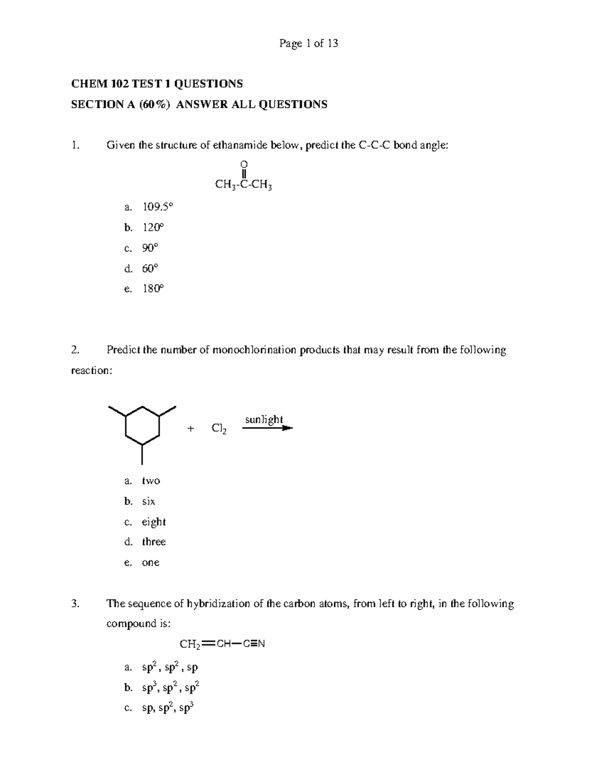 CHE102 TEST 1 - reliable - CHEM 102 TEST 1 QUESTIONS SECTION A (60% ...