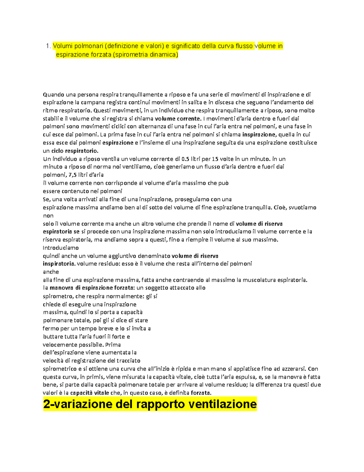 Risposte Respiratorio - Volumi polmonari (definizione e valori) e ...