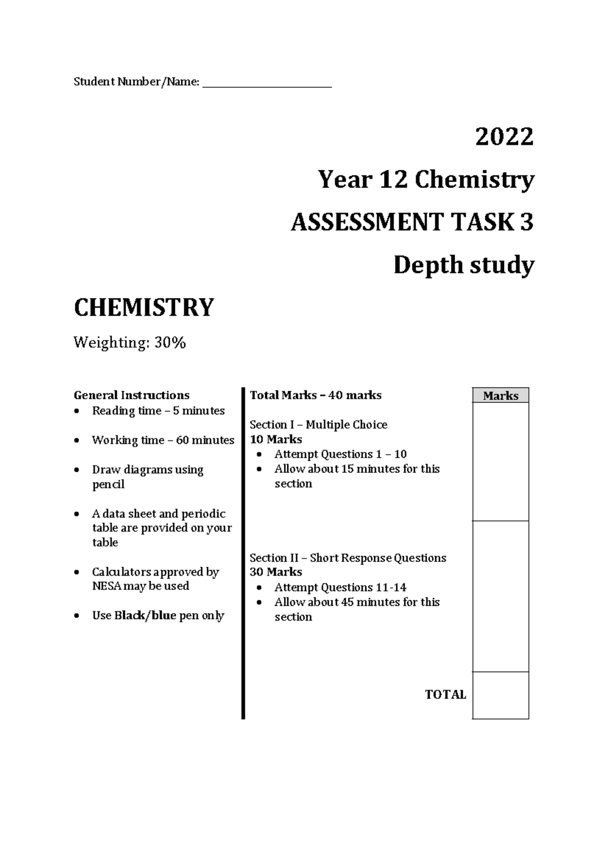 Chemistry 2022 CHS - Student Number/Name: 2022 Year 12 Chemistry ...
