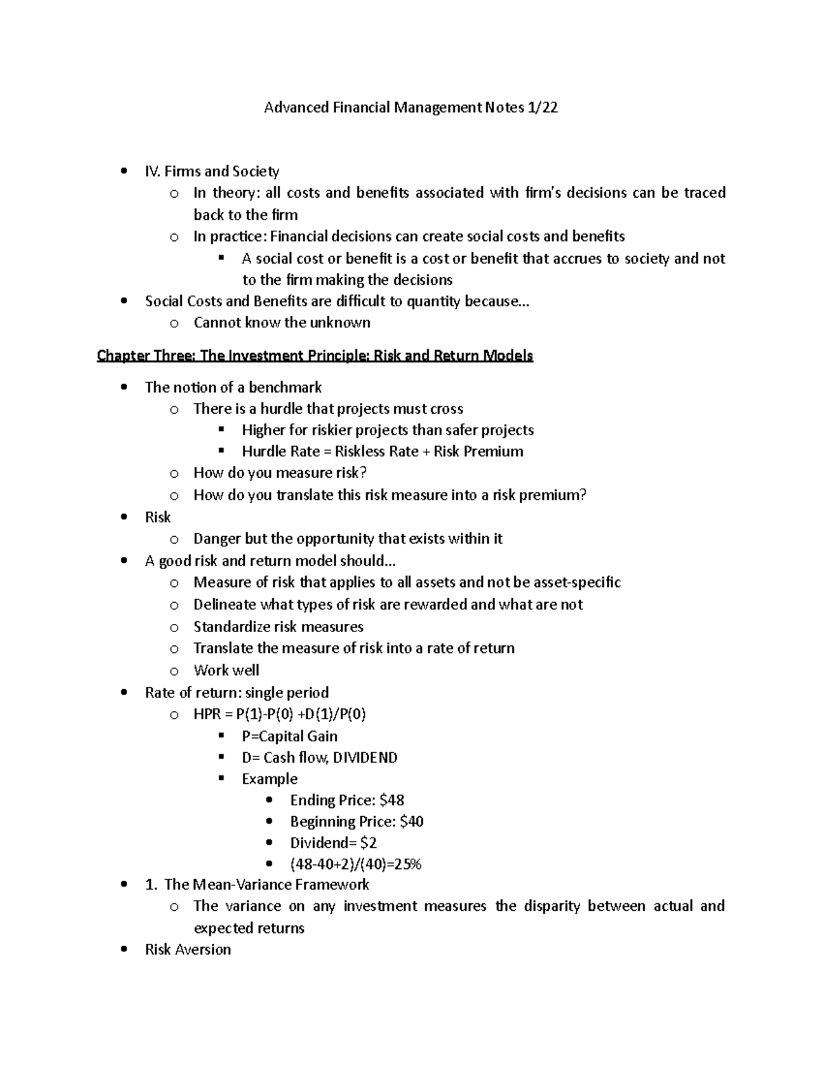 Lecture 1-22 notes - Advanced Financial Management Notes 1/22 IV. Firms ...