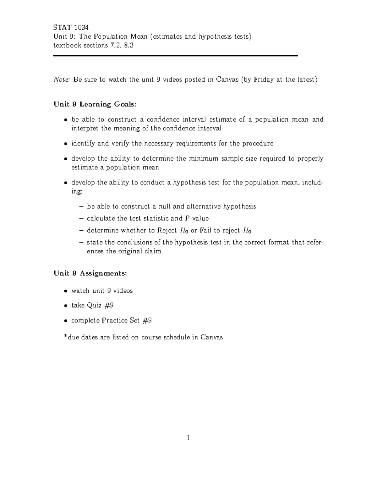 Unit 9 Sections 7.2, 8.3 in class printout - STAT 1034 Unit 9: The ...