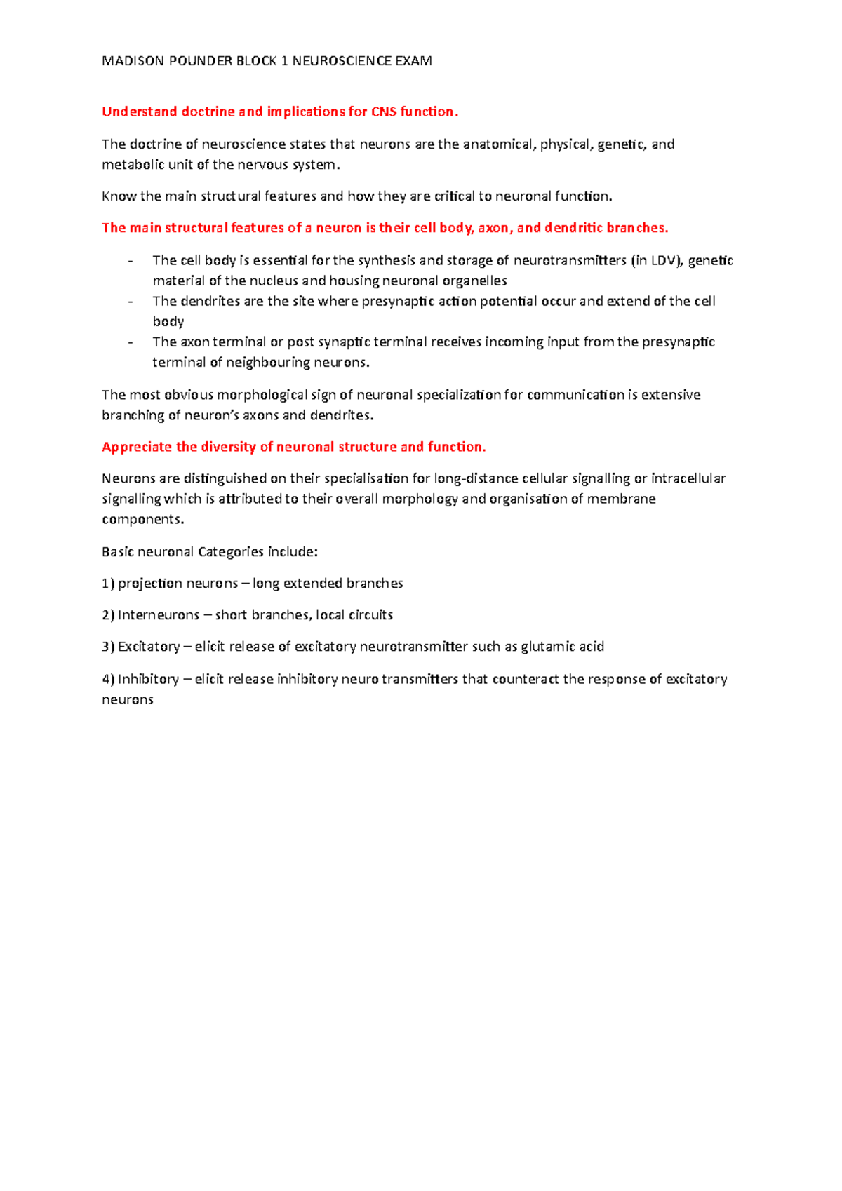 Neuro study - ... - MADISON POUNDER BLOCK 1 NEUROSCIENCE EXAM Understand doctrine and ...