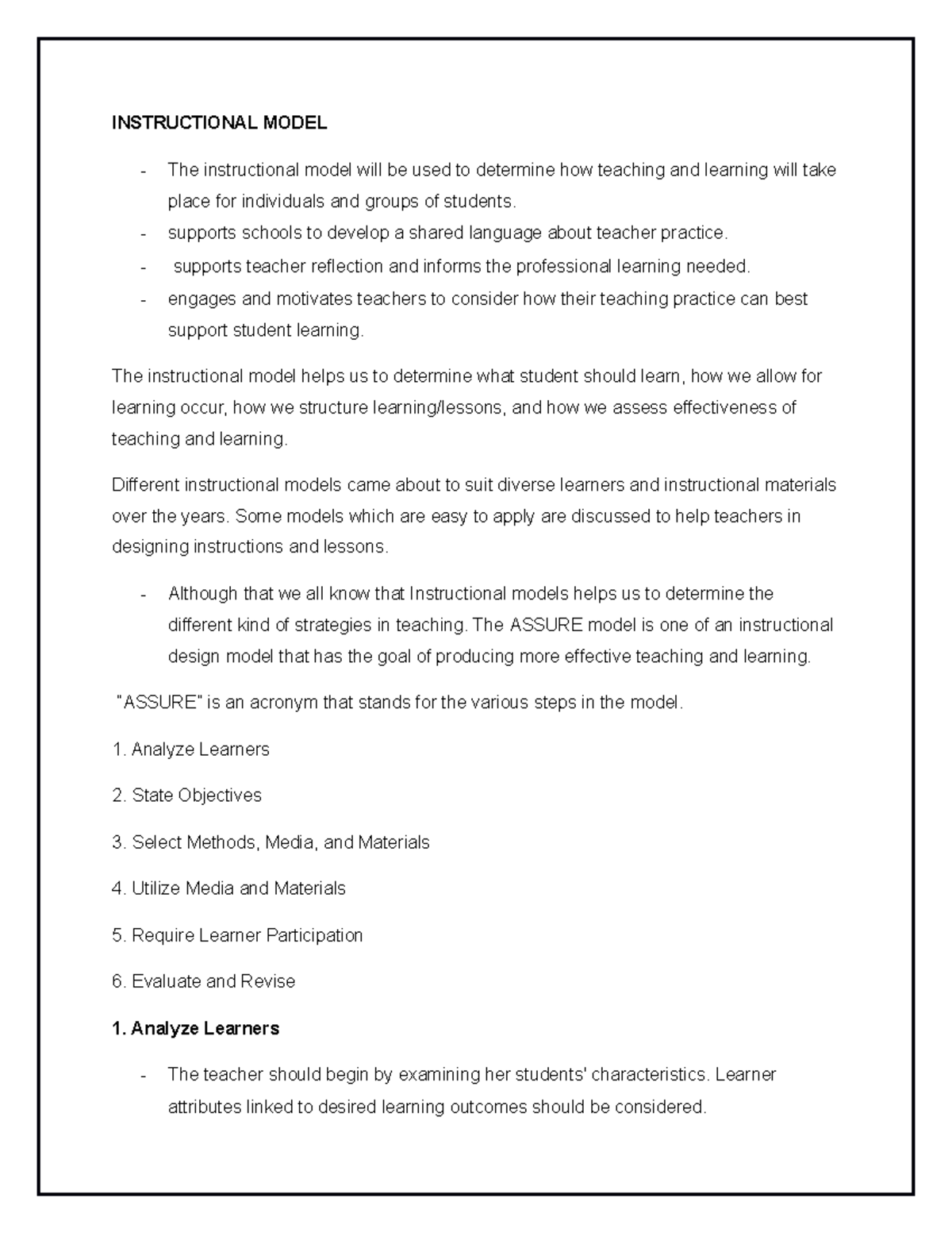 Instructional Model - INSTRUCTIONAL MODEL The instructional model will ...