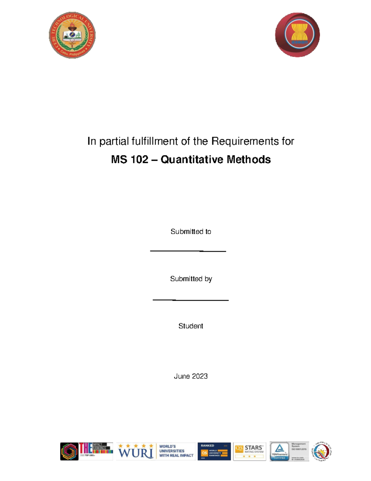 MS-102-Quantitative-Methods-Final Output-Palicte, Elise D - In partial fulfillment of the - Studocu