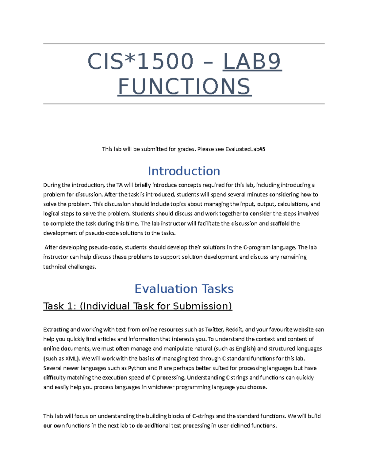 Lab9 Lab 9 Word Manipulation And Using Functions Cis1500 Lab Functions This Lab Will Be
