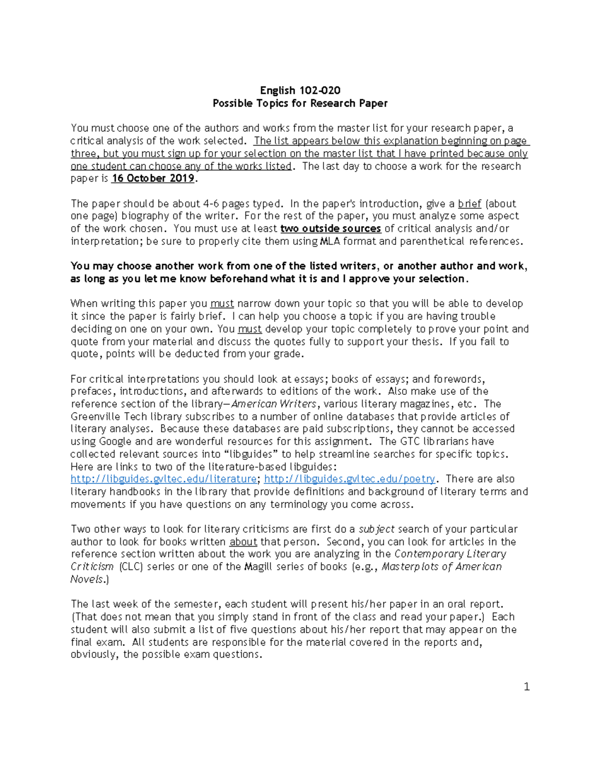 102 020 Research Paper Fall 2019 English 102 Possible Topics For