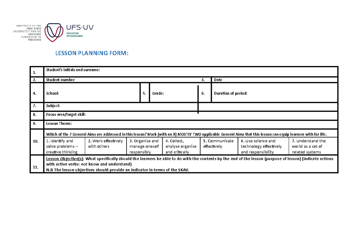 2022 BEd Lesson Planning FORM - LESSON PLANNING FORM: Student’s ...