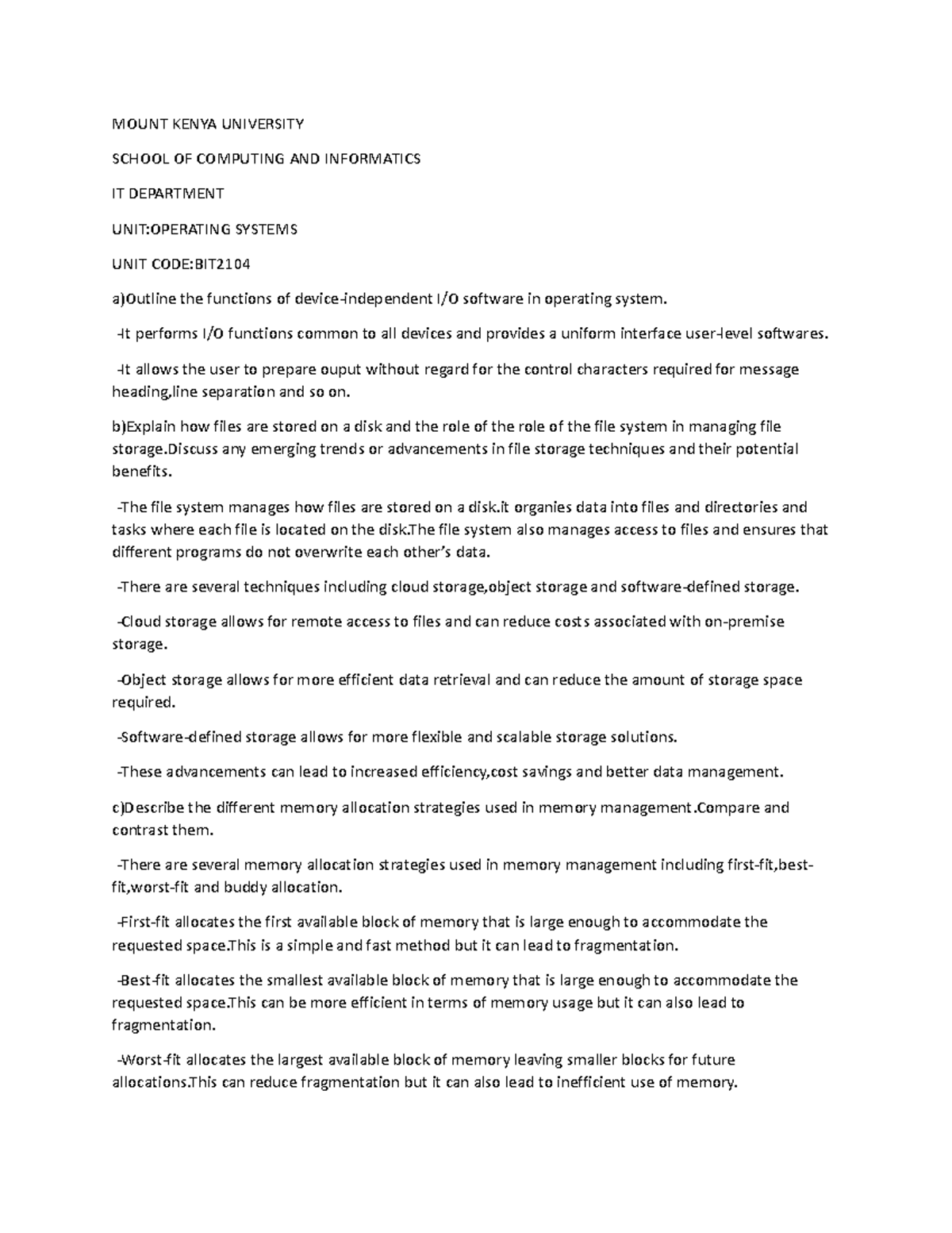 OS cat - Good notes - MOUNT KENYA UNIVERSITY SCHOOL OF COMPUTING AND ...