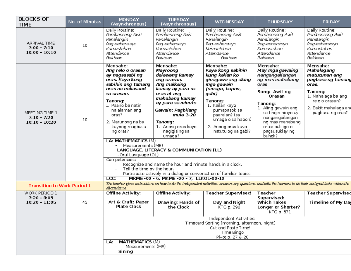 Lesson Plan - BLOCKS OF TIME No. of Minutes MONDAY (Asynchronous ...