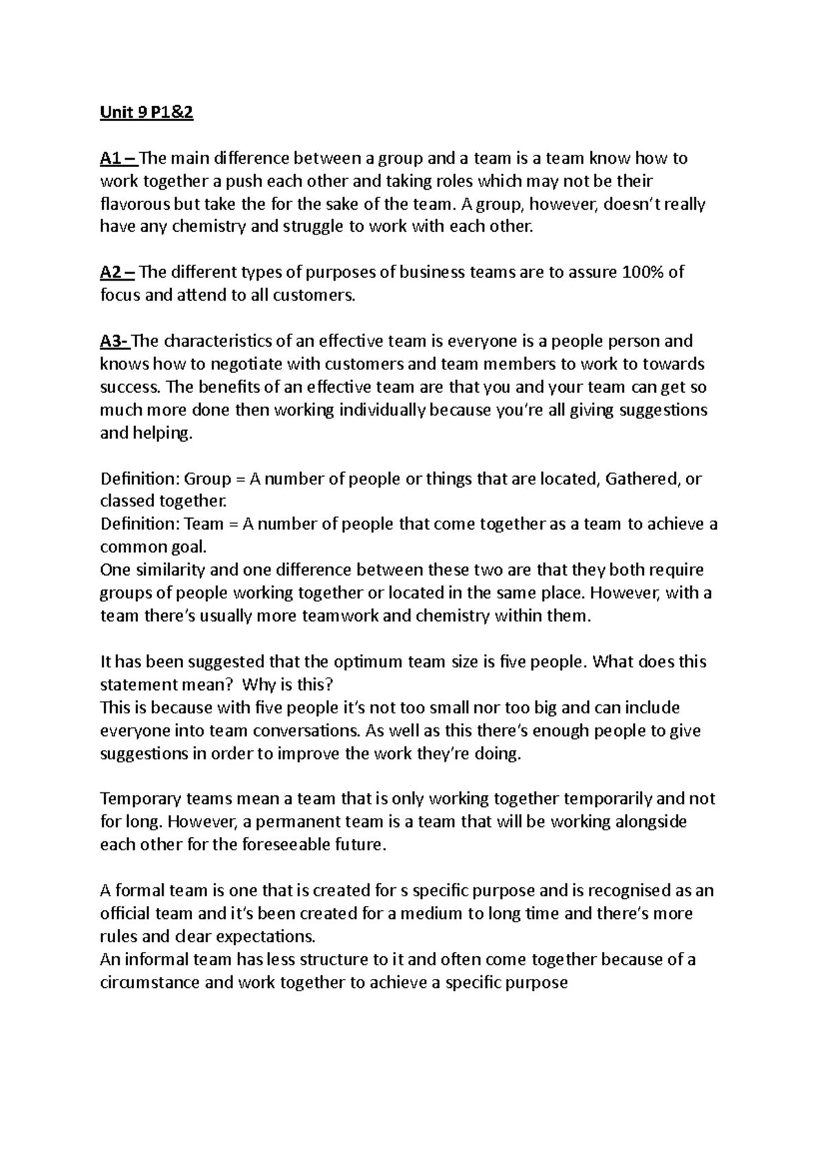 Unit 9 P1&p2 - p1 and p2 for unit 9 team building where you assess and ...