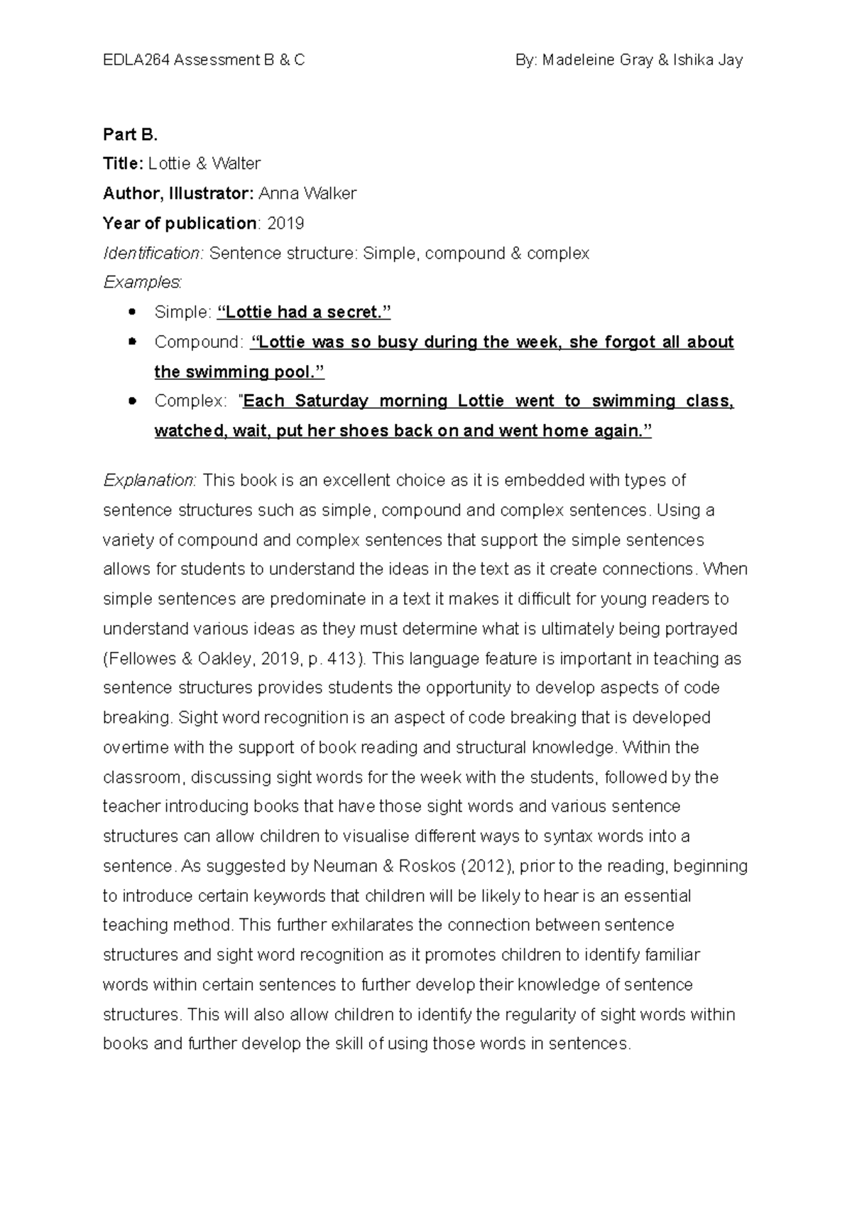FInal Part B&C - Assignment - Part B. Title: Lottie & Walter Author ...