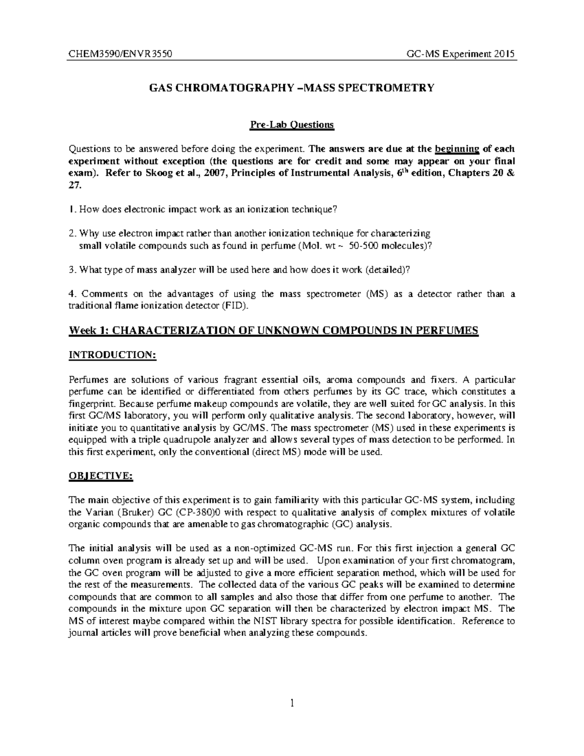 Lab Handout - Gas Chromatography - Mass Spectrometry - Experiment 2015 ...