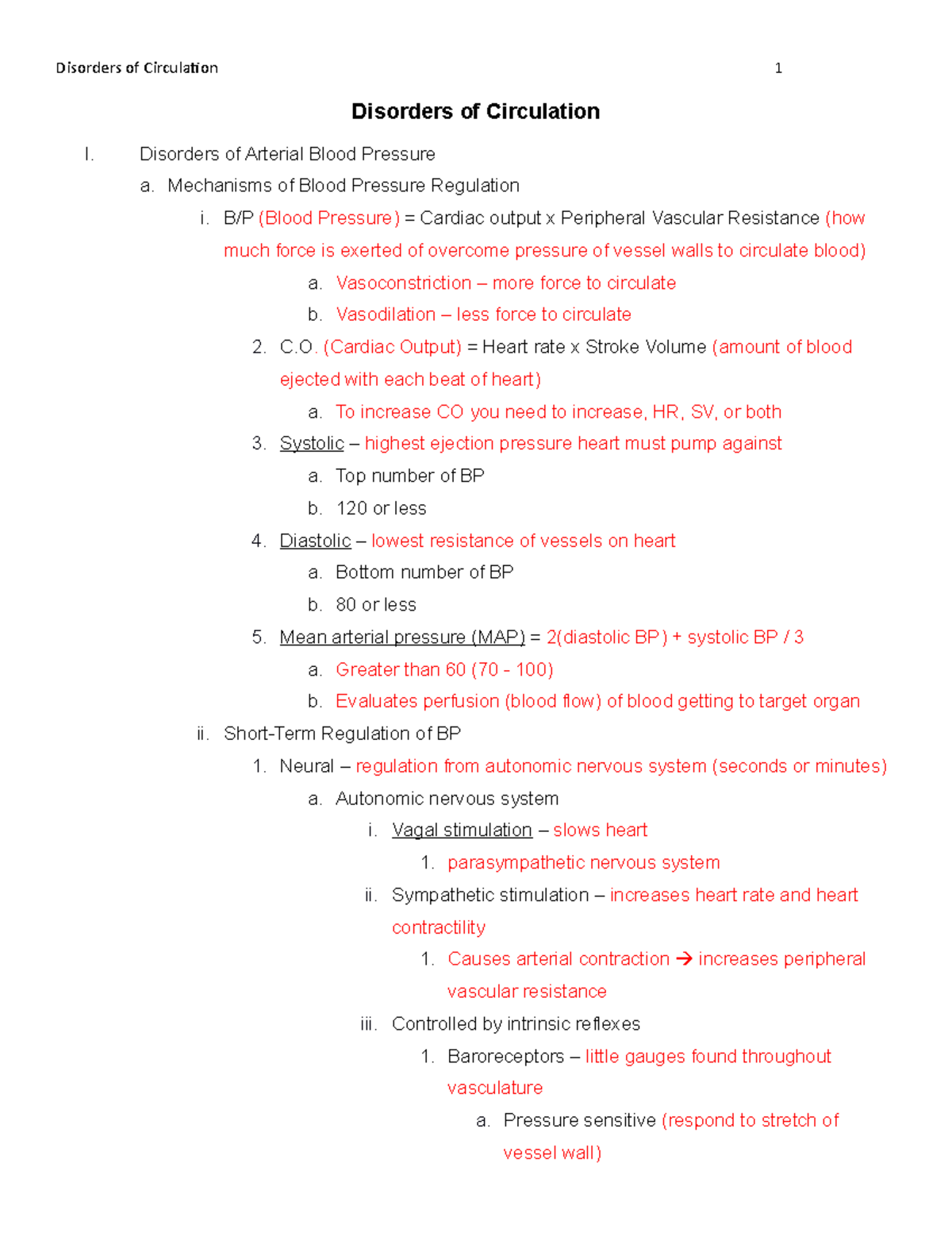Disorders of Circulation Notes - Disorders of Circulation I. Disorders ...