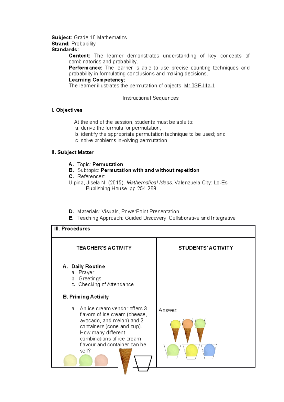 Lesson Plan on Permutation - Subject: Grade 10 Mathematics Strand ...