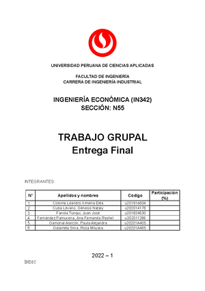 Trabajo Final Ingeco Ejemplo 2 - UNIVERSIDAD PERUANA DE CIENCIAS APLICADAS FACULTAD DE ...