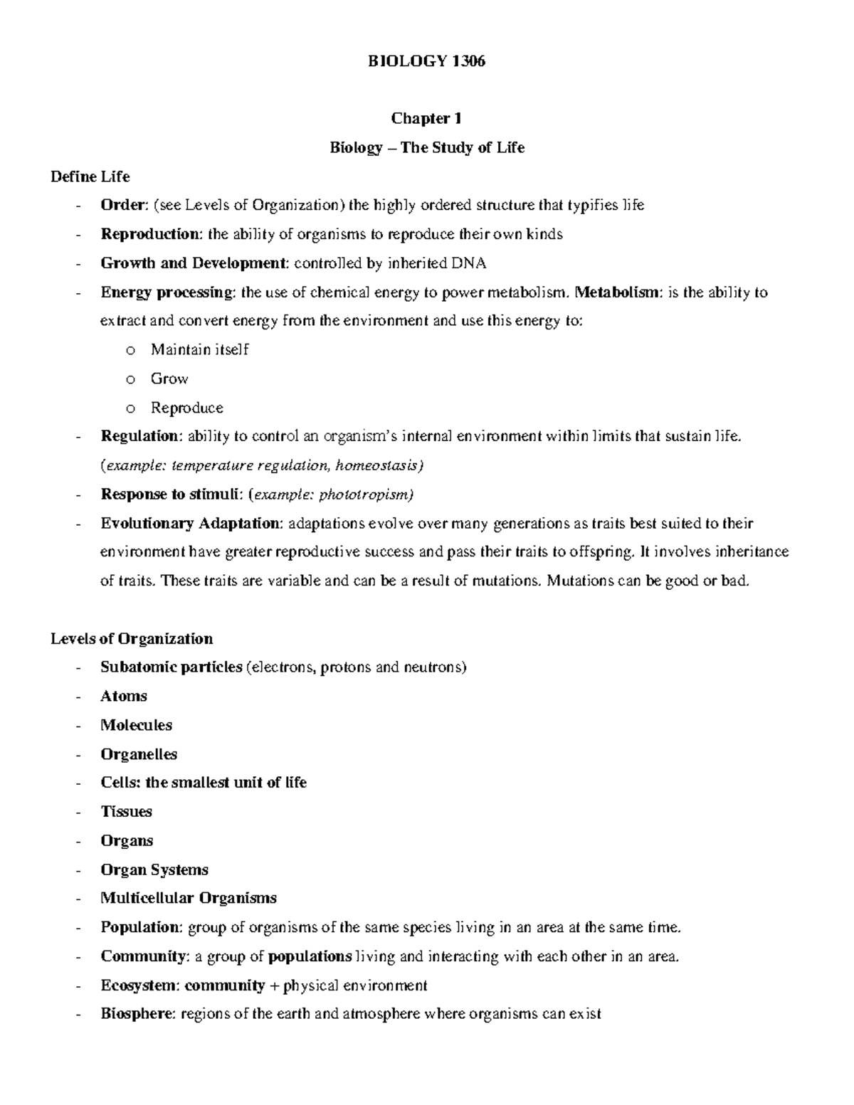 Bio 1306 Notes Ch 1-9 - BIOLOGY 1306 Chapter 1 Biology – The Study of ...