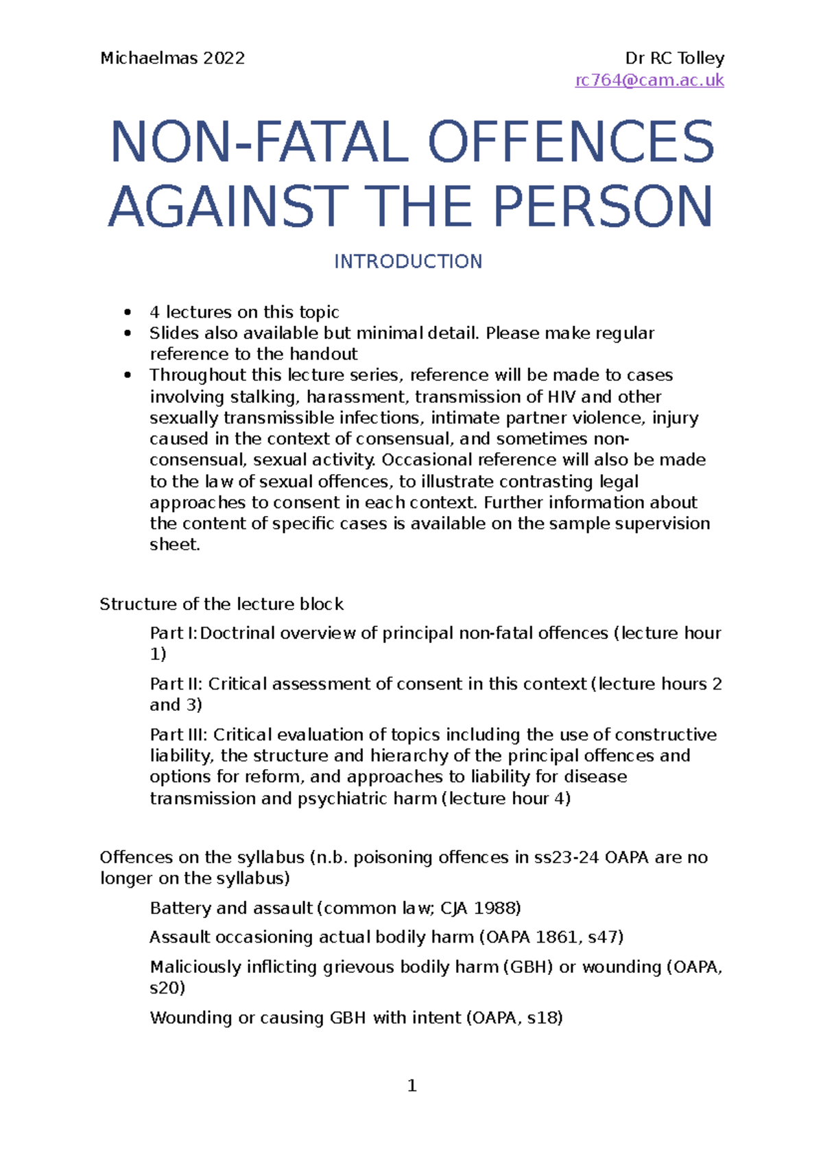 Non-fatal Offences Lecture Handout (in full) 2022-23 - rc764@cam.ac NON-FATAL OFFENCES AGAINST ...