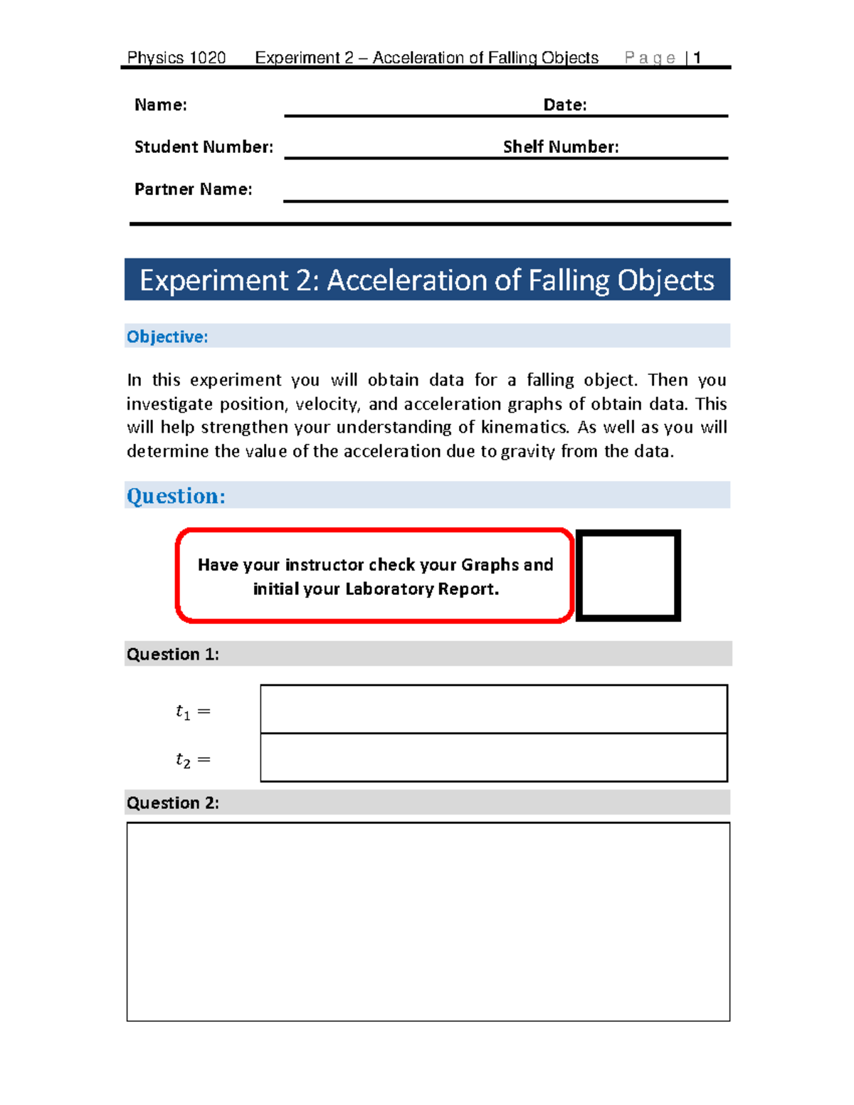 Physics 1020 Experiment 2 Work Sheets Fall 2023 - Experiment 2 ...