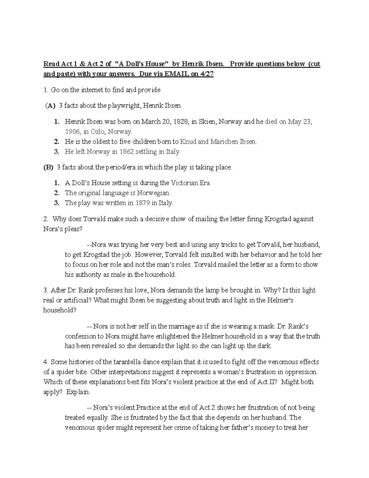 Read Act 1 & Act 2 of A Doll's House by Henrik Ibsen - Read Act 1 & Act ...