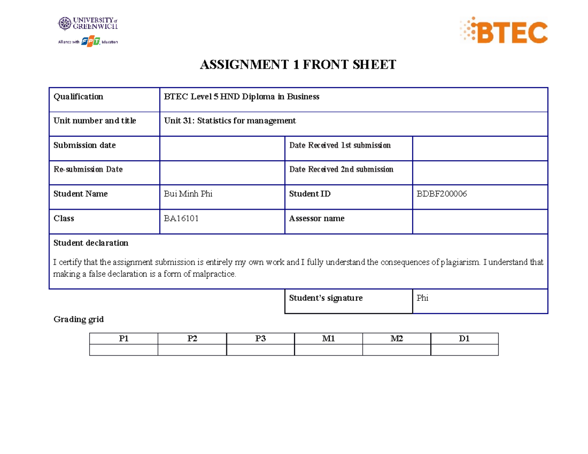 Asm1 SM Bui Minh Phi - bài luận - ASSIGNMENT 1 FRONT SHEET ...