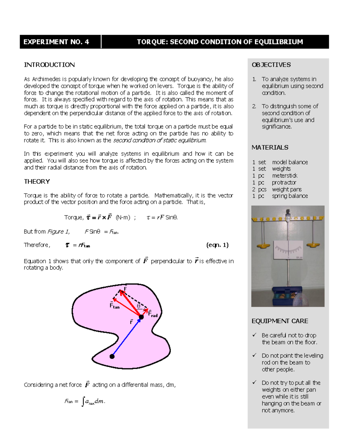 E4 - Second Condition of Equilibrium - 32 - Physics Laboratory Part 1 EXPERIMENT NO. 4 TORQUE ...