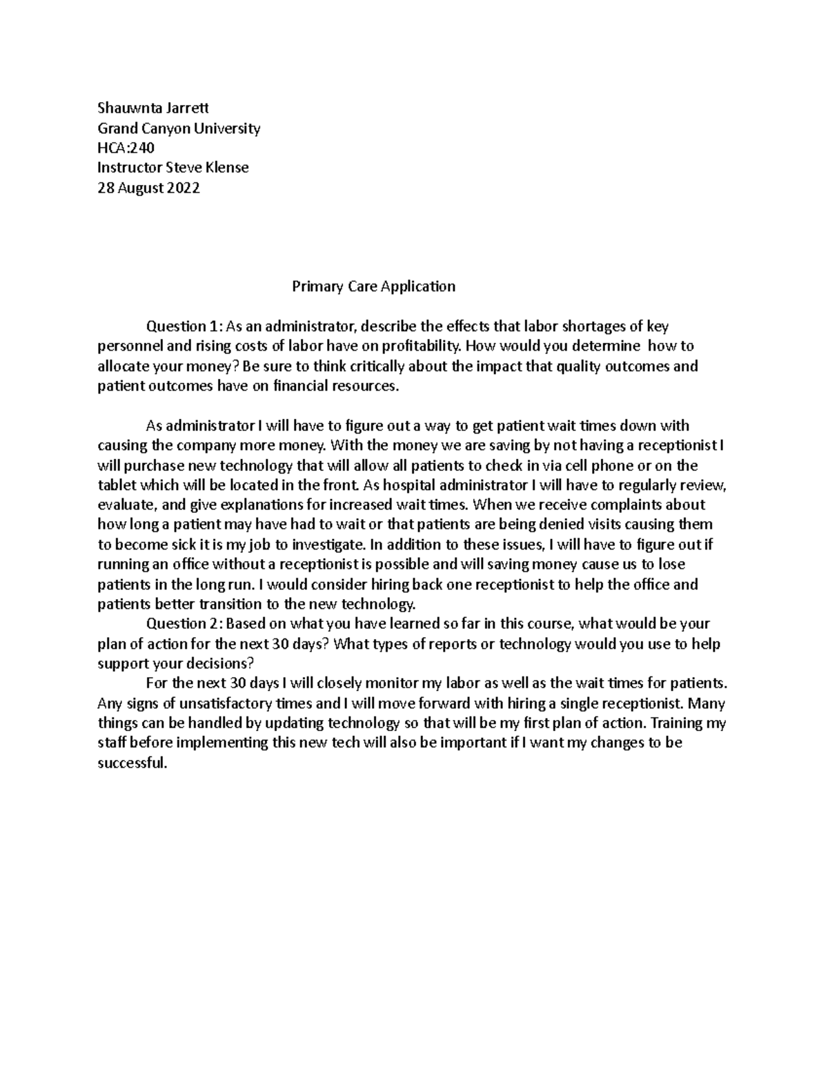 Primary Care Application hca 240 - Shauwnta Jarret Grand Canyon ...