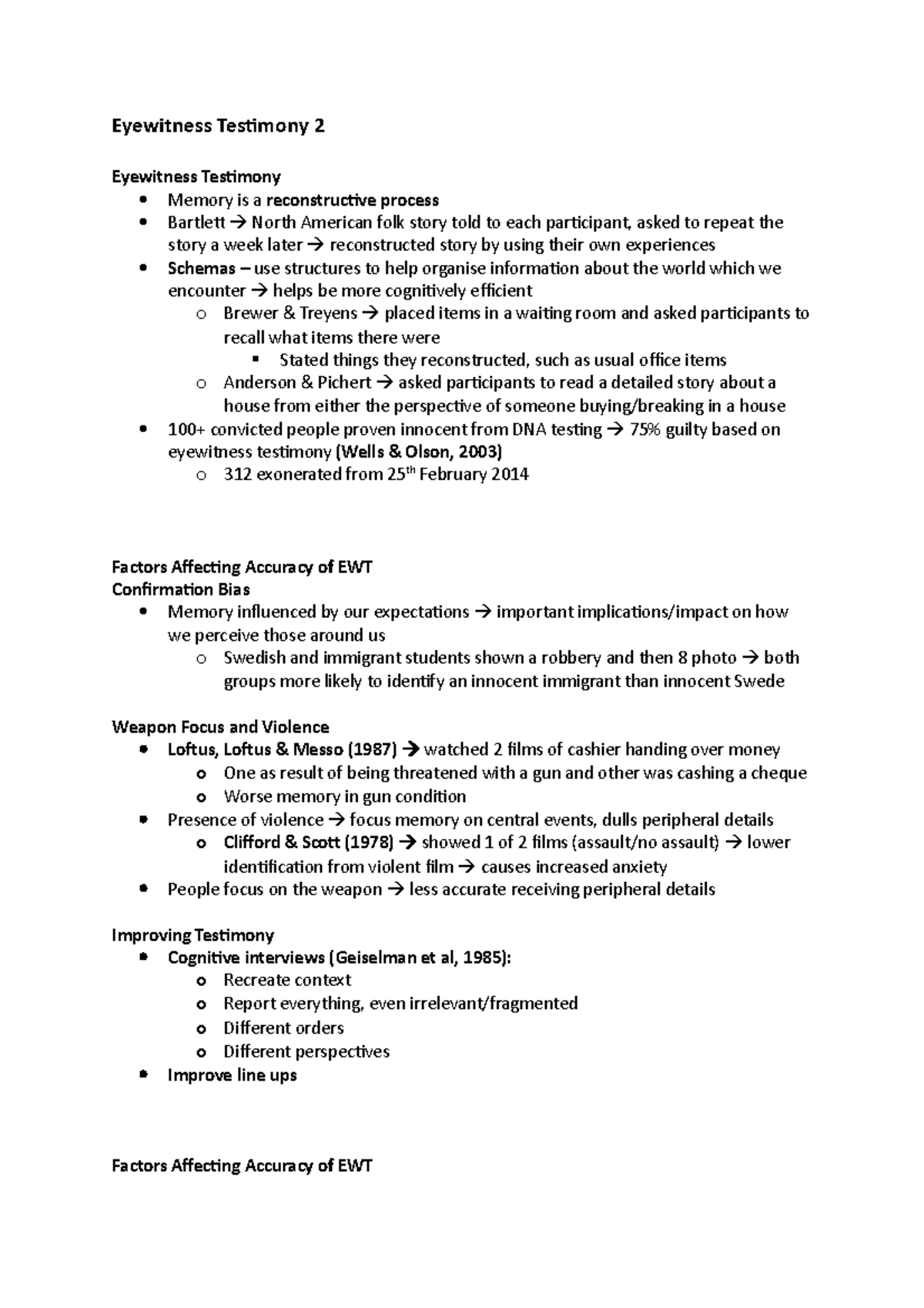 Biological and Cognitive Psychology - Eyewitness Testimony 2 Eyewitness ...