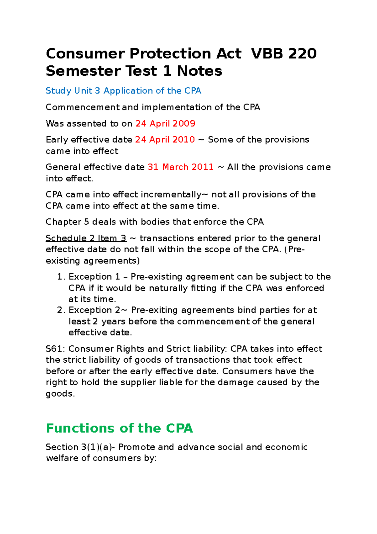 Consumer Protection Act VBB 220 Semester Test 1 Notes - CPA came into ...