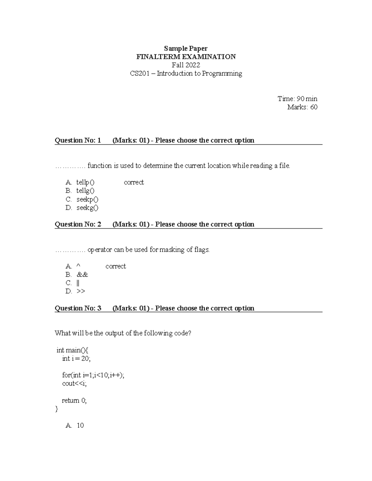 Sample Paper of CS201 - Sample Paper FINALTERM EXAMINATION Fall 2022 CS201 – Introduction to ...
