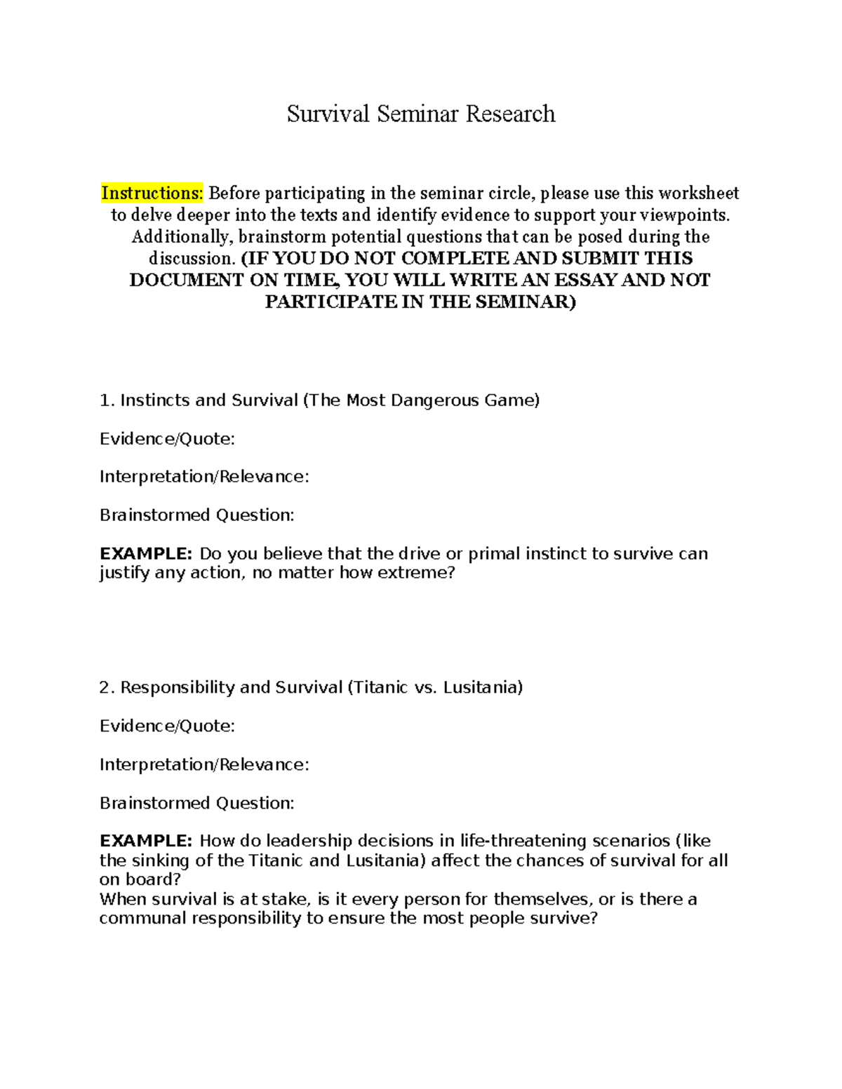 Survival Seminar Sheet-1 - Survival Seminar Research Instructions ...