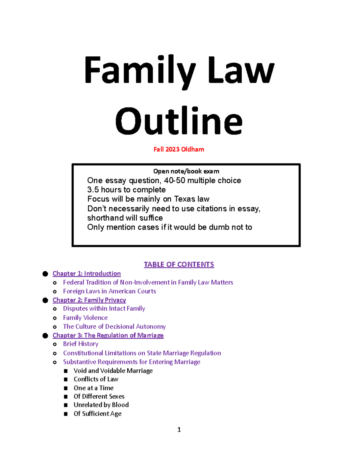 Oldham Family Law Fall 2023 - Family Law Outline Fall 2023 Oldham TABLE ...