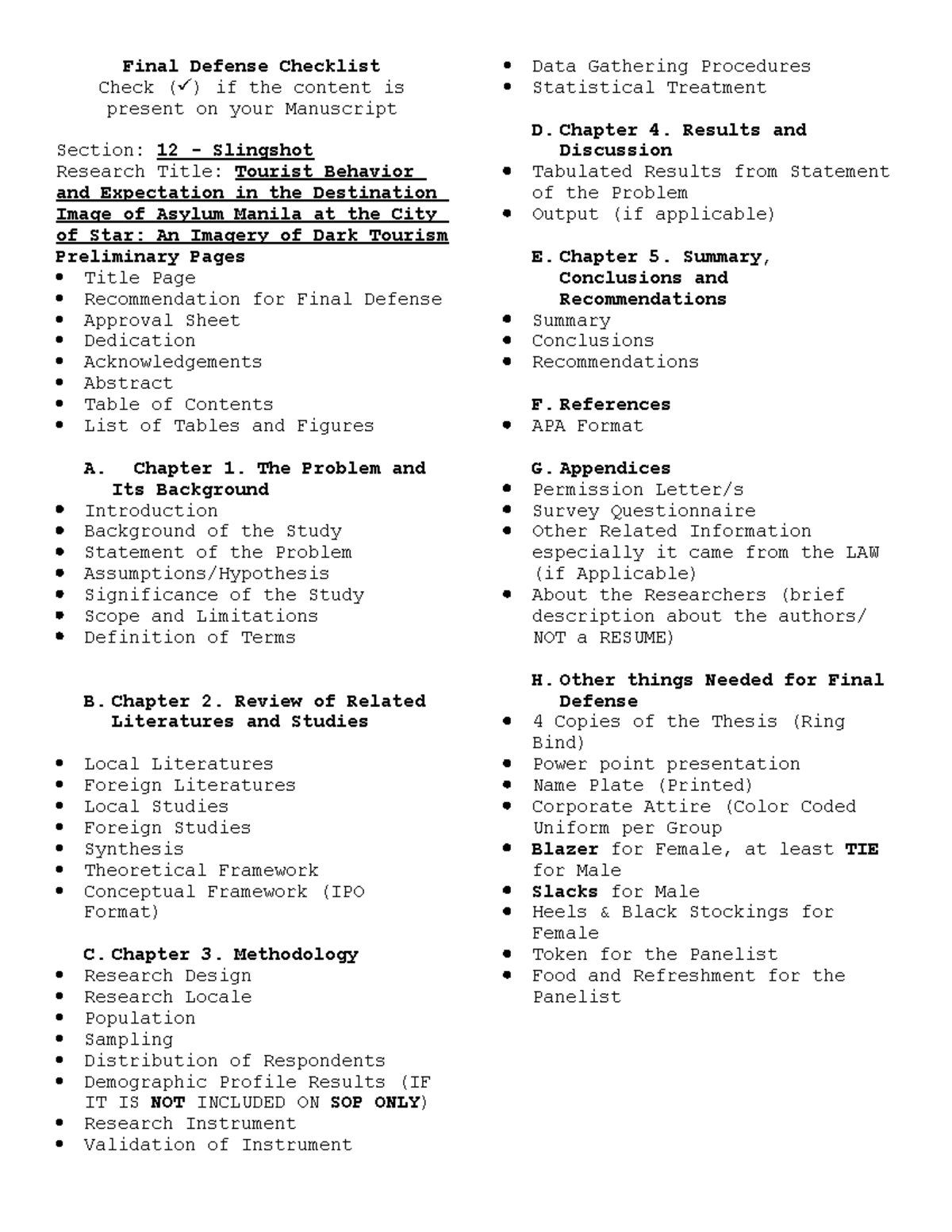 Final Defense Checklist - Final Defense Checklist Check ( ) if the ...