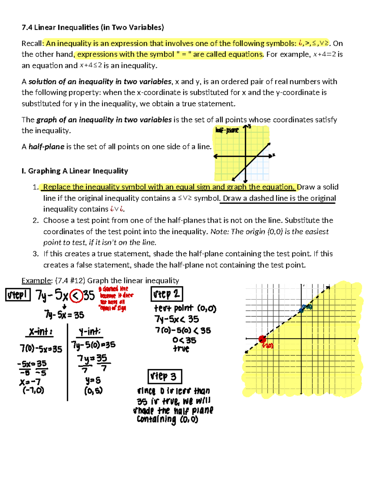 Chapter 7 section 4 - 7 Linear Inequali/es (in Two Variables) Recall: An inequality is an ...