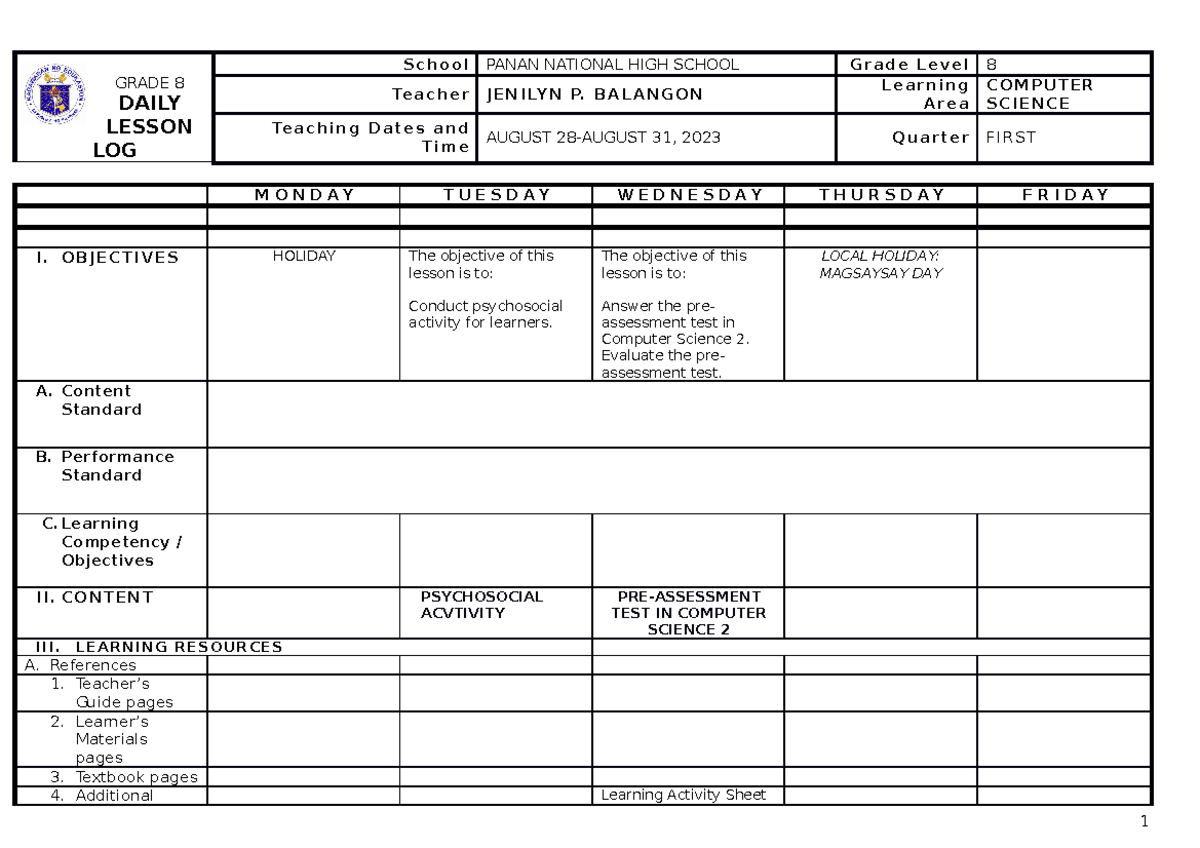 1STQ DLL WEEK 1 COMP SCI 8 - GRADE 8 DAILY LESSON LOG School PANAN ...