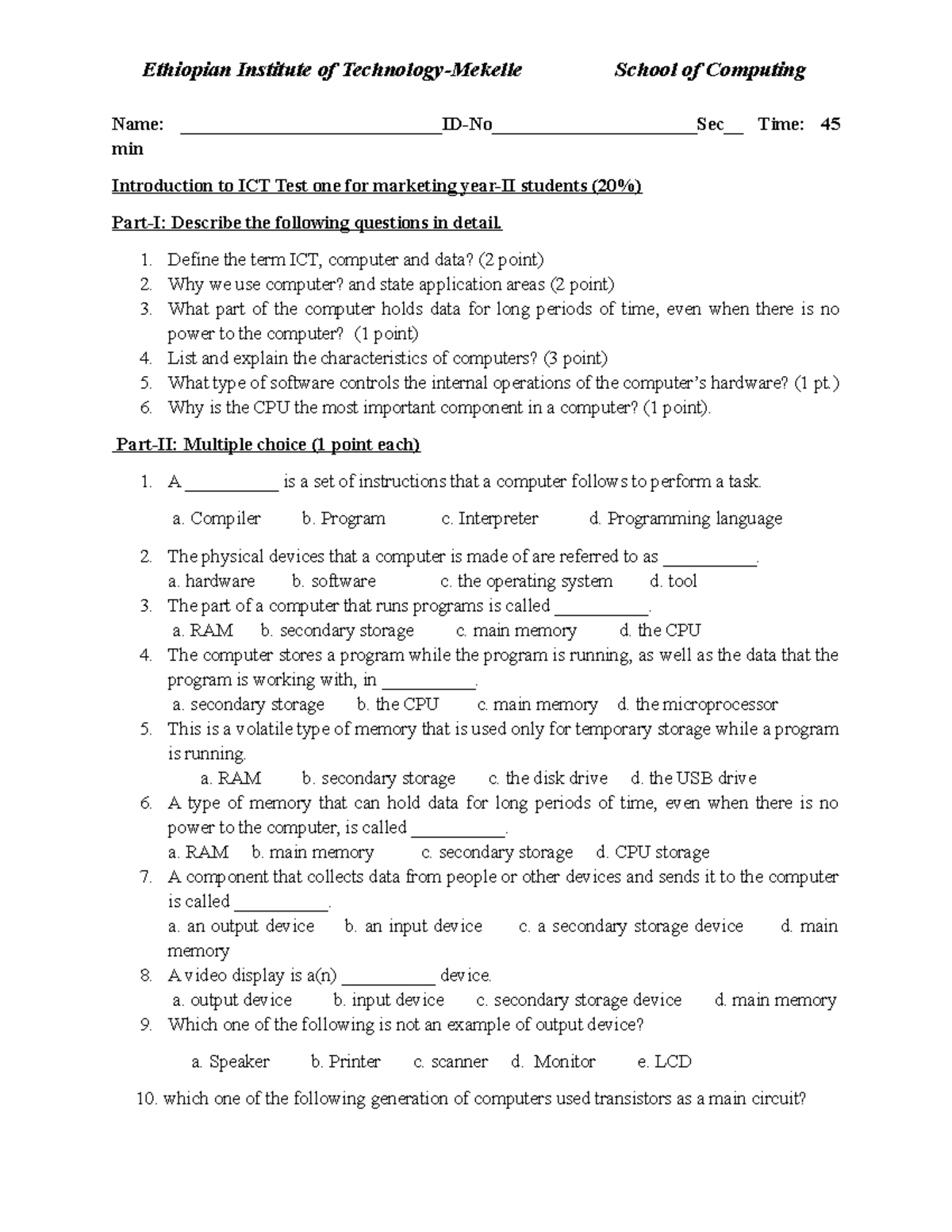 Introduction to ICT Test one for marketing year - 1. Define the term ...