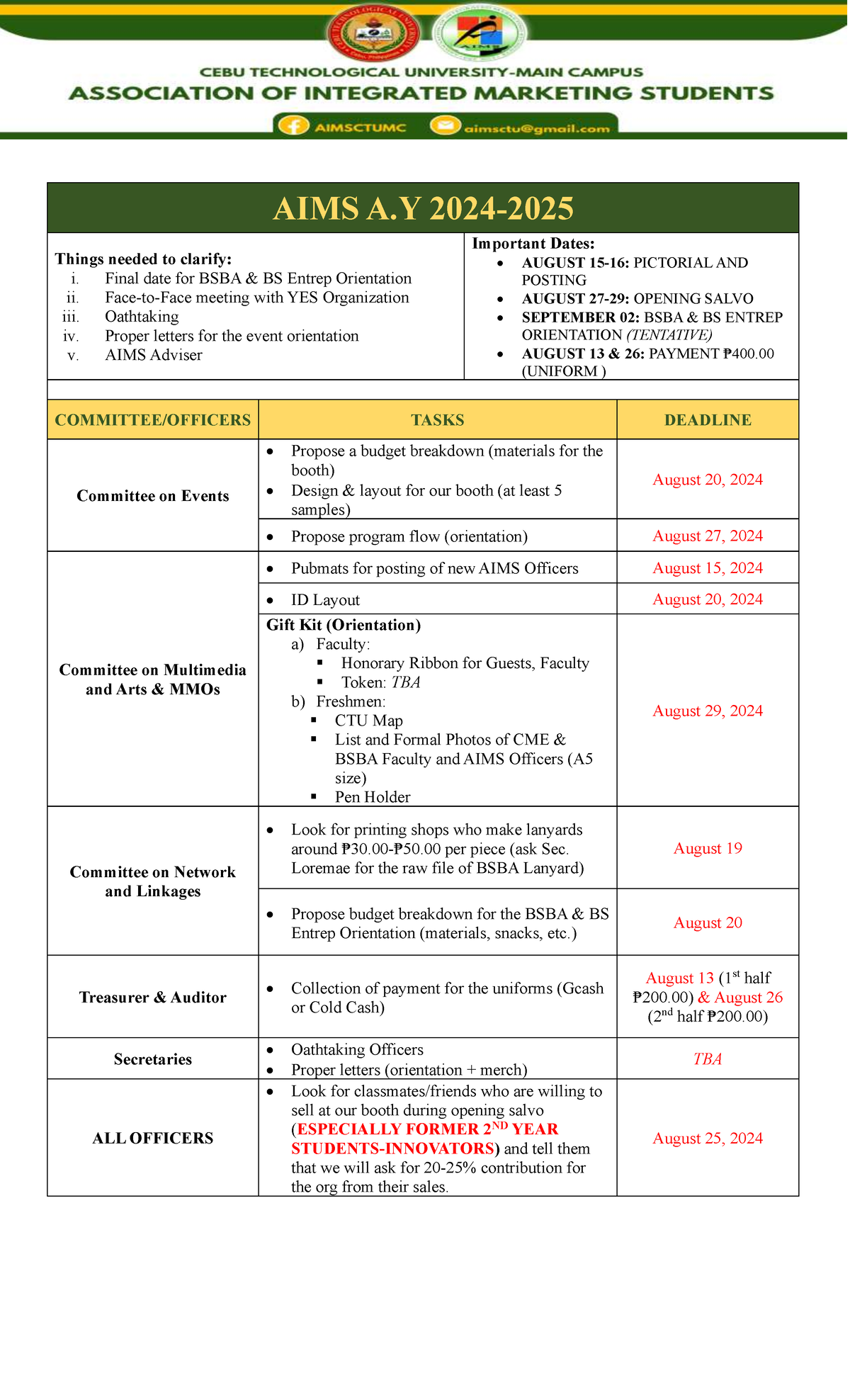 AIMS A - SSSSSS - AIMS A 2024- 2025 Things needed to clarify: i. Final ...