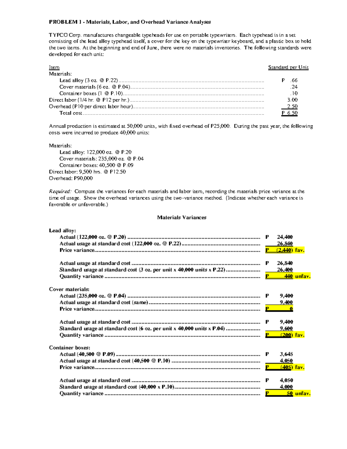 Pdfcoffee - Bsa - PROBLEM I - Materials, Labor, and Overhead Variance Analyses TYPCO Corp. - Studocu