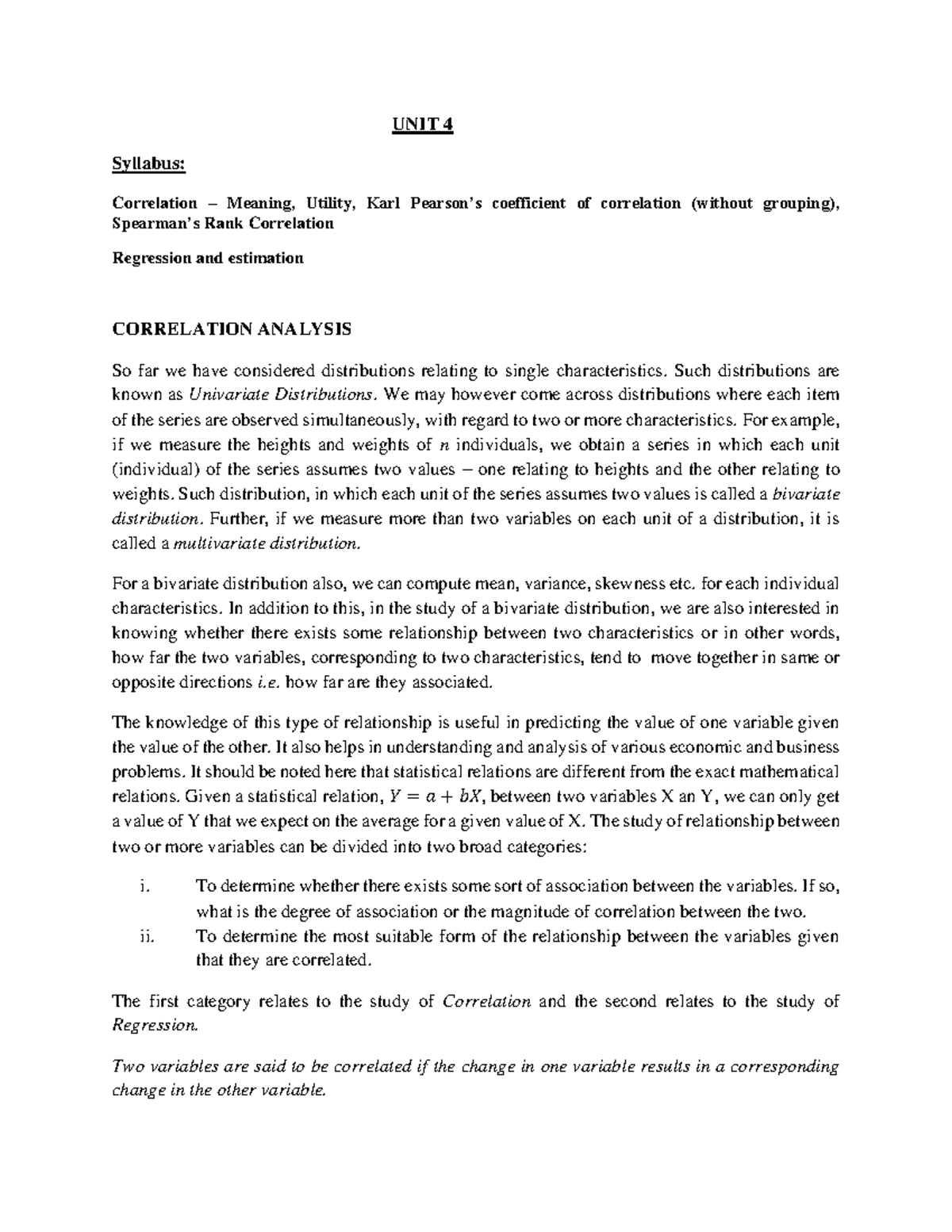 Business statistics unit 4 - UNIT 4 Syllabus: Correlation – Meaning ...