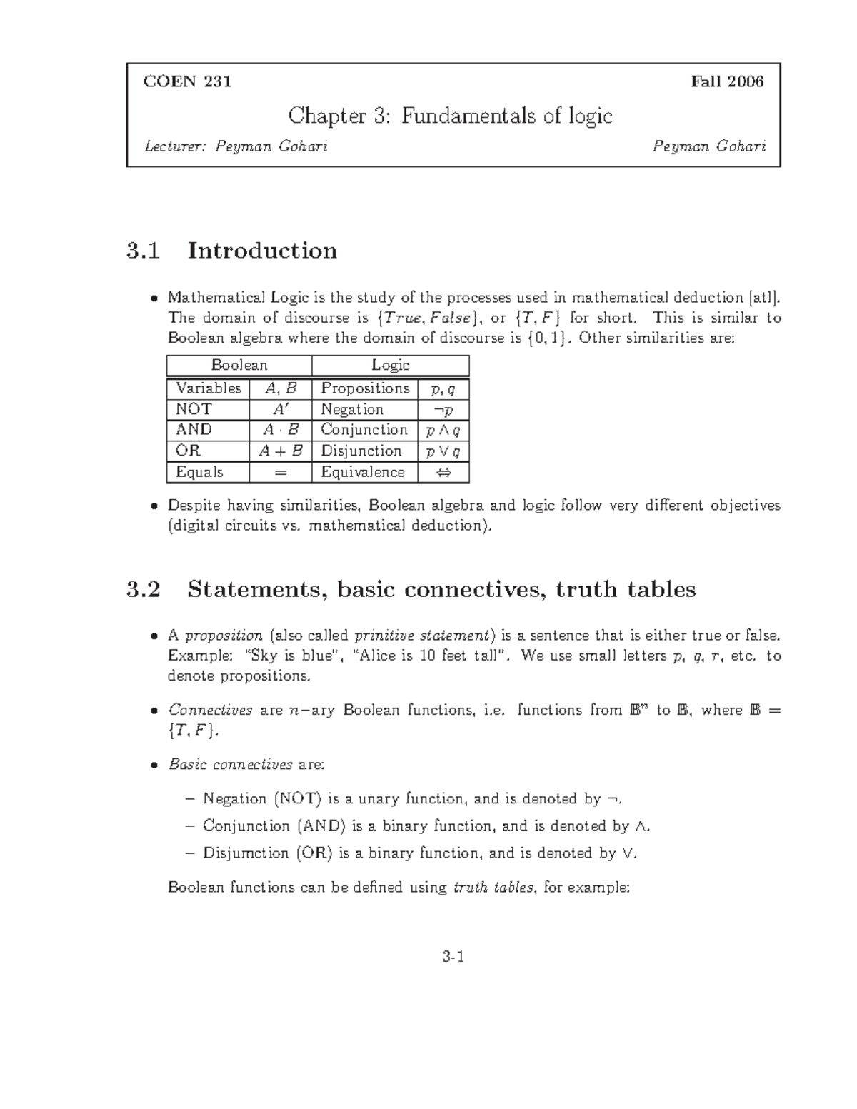 3 - COEN 231 chapter 3 - COEN 231 Fall 2006 Chapter 3: Fundamentals of logic Lecturer: Peyman ...