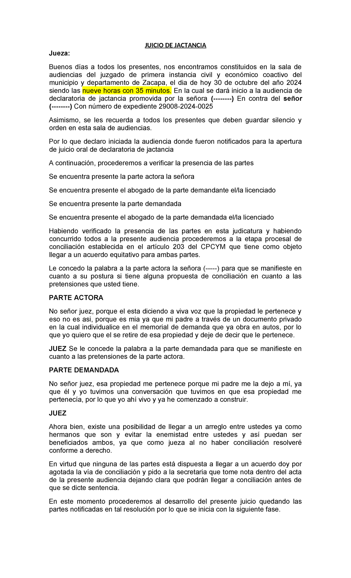 Ejemplo DE Juicio DE Jactancia - JUICIO DE JACTANCIA Jueza: Buenos días ...