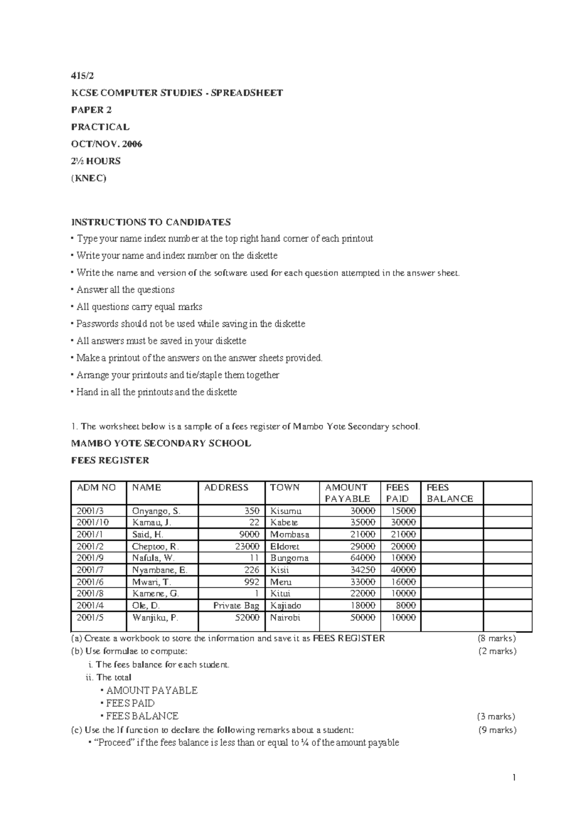 Spreadsheet - practical quiz - 415/ KCSE COMPUTER STUDIES - SPREADSHEET PAPER 2 PRACTICAL OCT ...