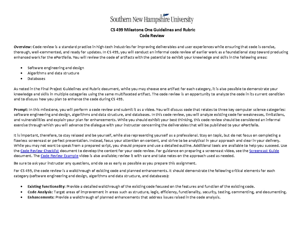 Cs 499 milestone one guidelines and rubric 2 - CS 499 Milestone One ...