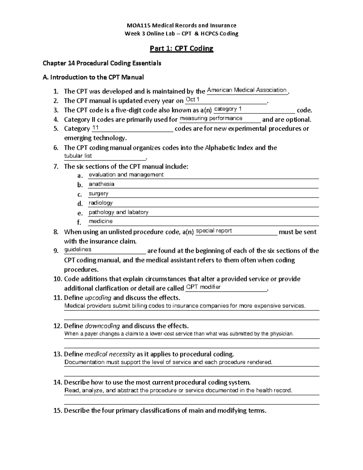 MOA115 Week 3 Online Lab - MOA115 Medical Records and Insurance Week 3 Online Lab – CPT & HCPCS ...