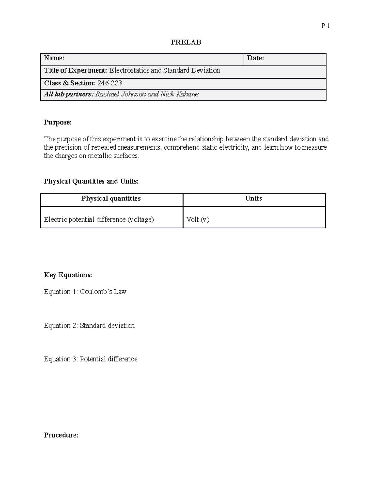 Electrostatic- Prelab - P- PRELAB Name: Date: Title of Experiment ...