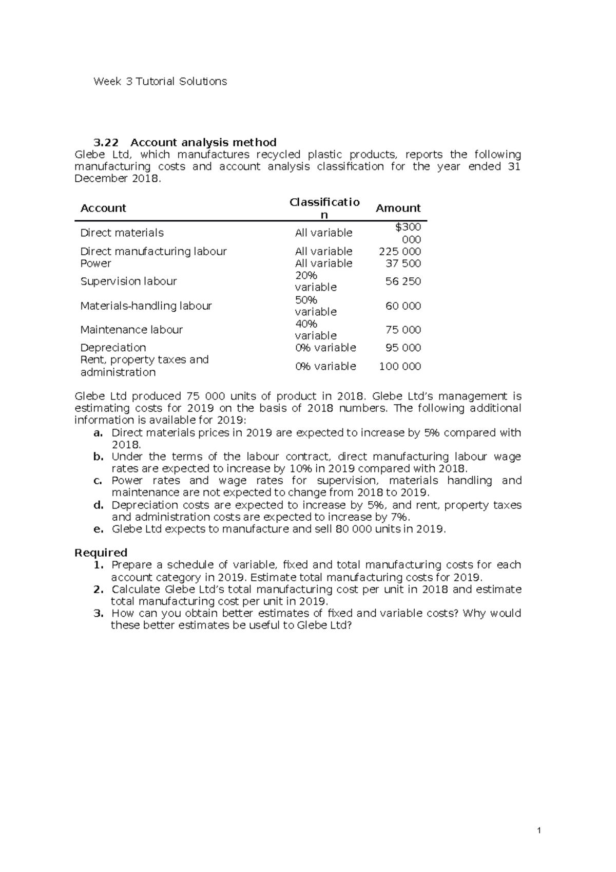 Week 3 Tutorial Solutions 1 - Week 3 Tutorial Solutions 3 Account analysis method Glebe Ltd ...