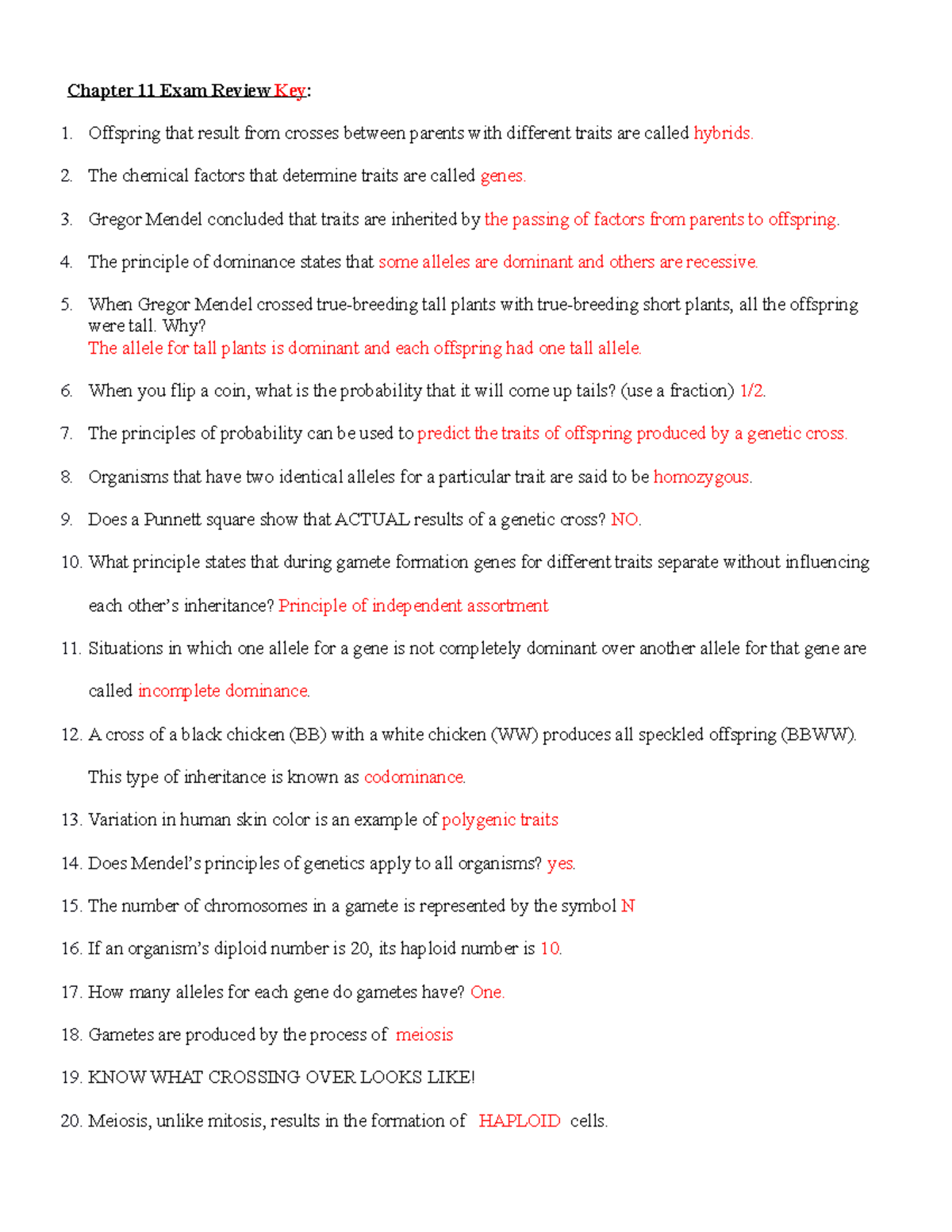 Chapter 11 Exam Review Key 2 - Chapter 11 Exam Review Key: Offspring ...
