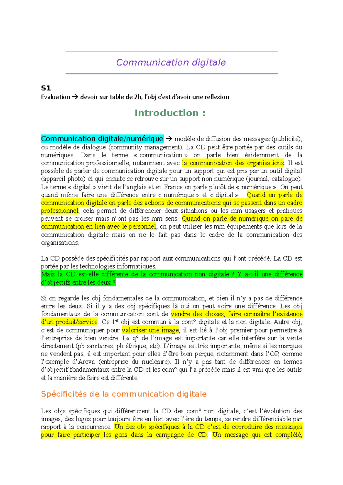 Communication digitale - Communication digitale S Evaluation devoir sur table de 2h, l’obj c’est ...