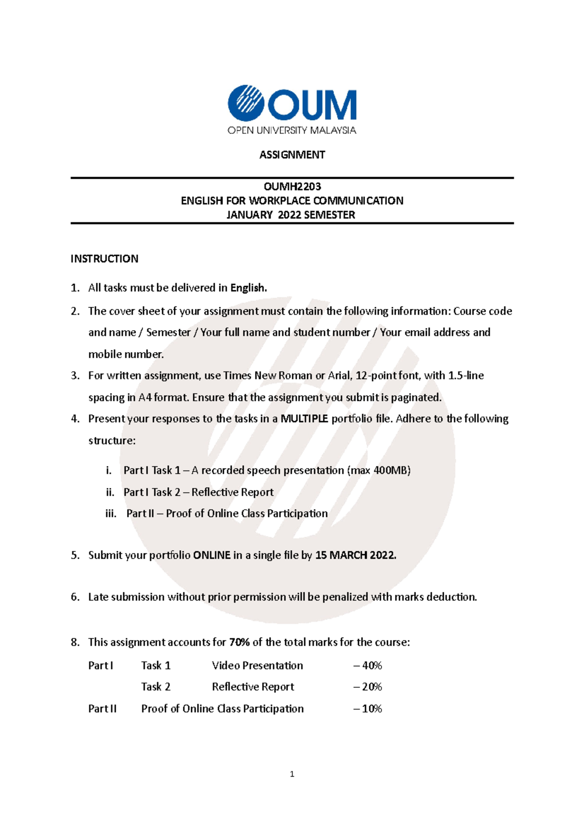 OUMH2203 ENGLISH FOR WORKPLACE COMMUNICATION - ASSIGNMENT OUMH ENGLISH ...
