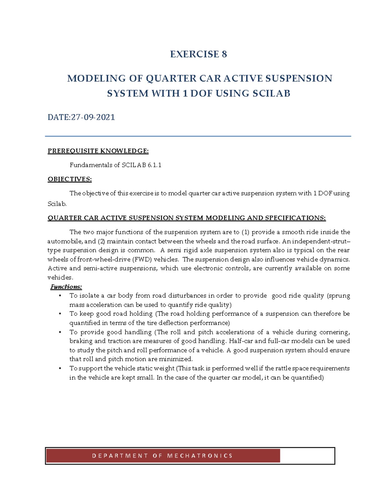 EX8 - Design of mechatronics systems notes and practical worksheet ...