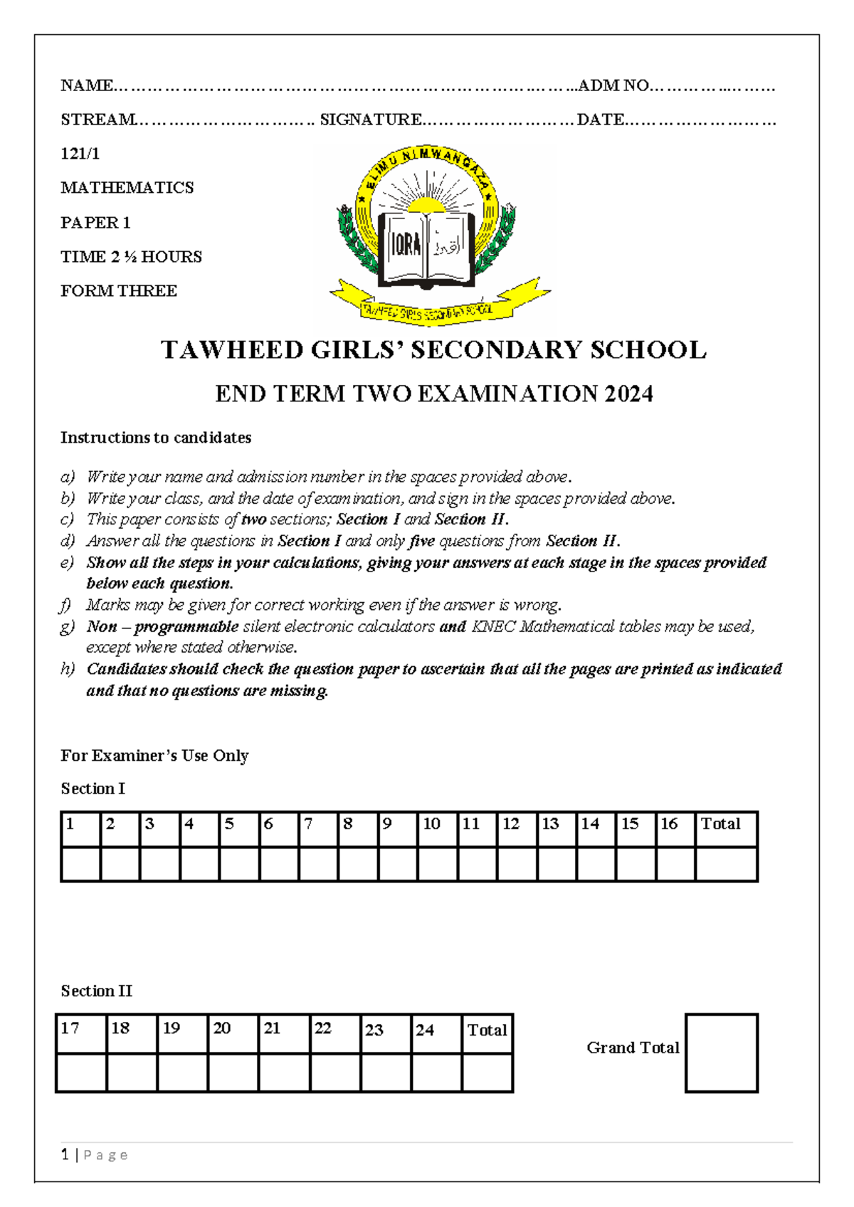 2023 Mathematics F3 P1 QS T2 Exam Teacher - - Studocu